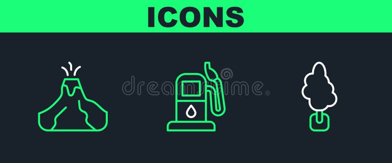 Set Line Tree, Volcano Eruption with Lava and Petrol or Gas Station ...