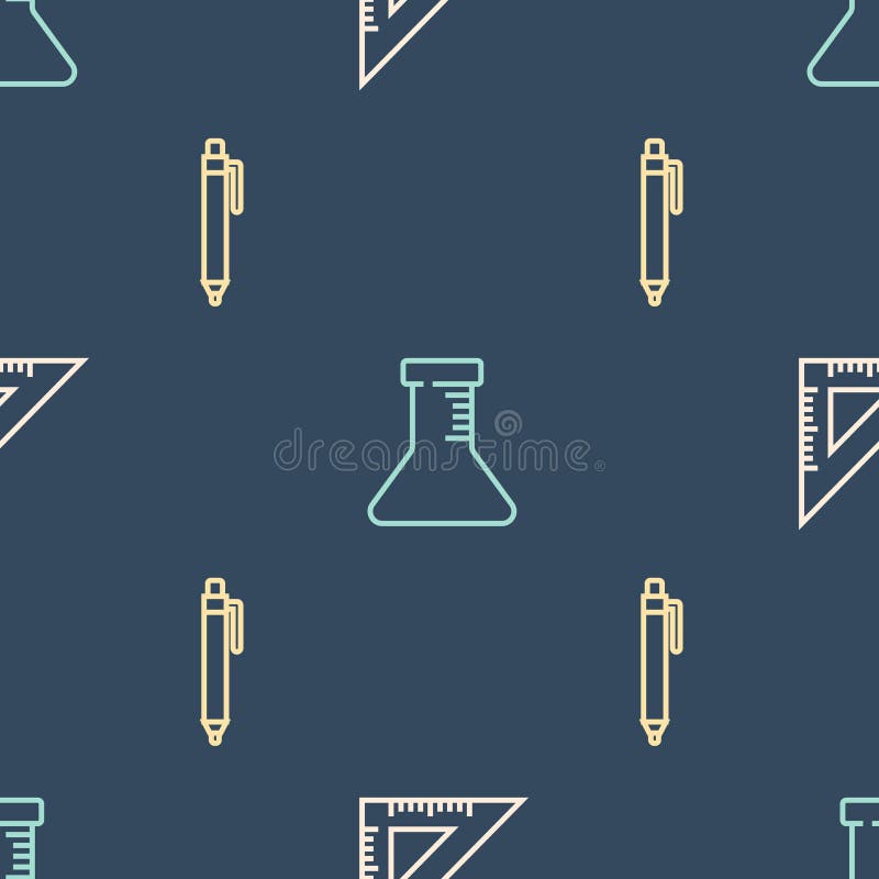 Set Line Triangular Ruler, Pen and Test Tube and Flask on Seamless ...
