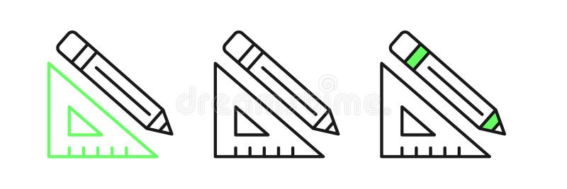 Set Line Triangular Ruler and Pencil Icon Isolated on White Background ...