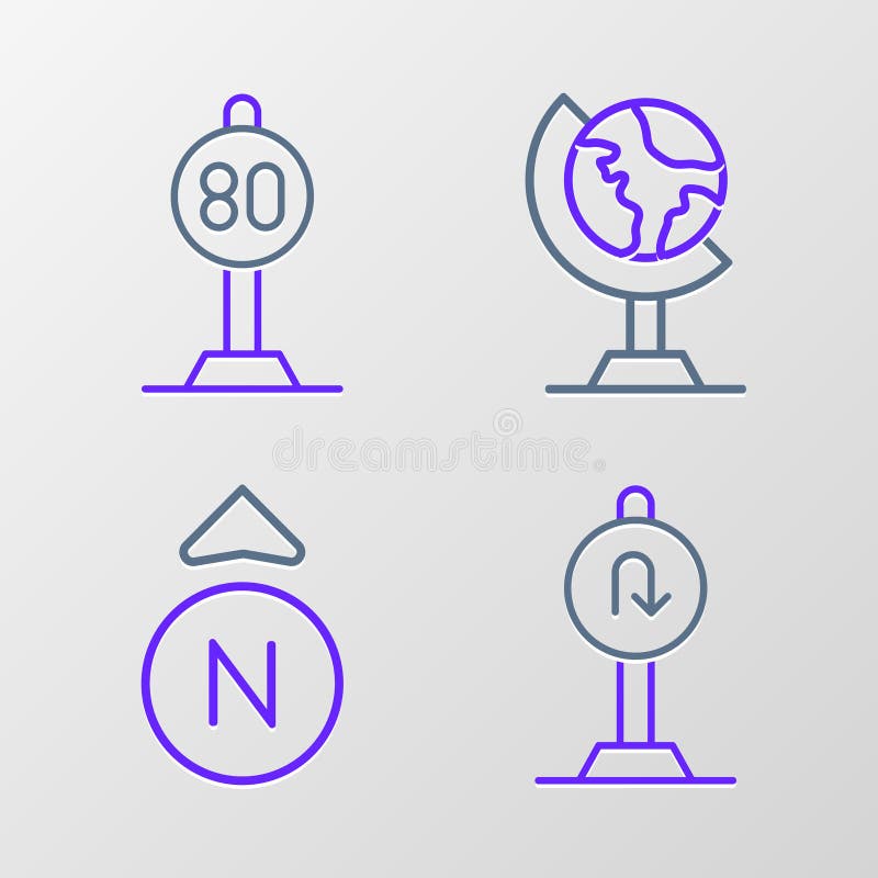 Set Line Turn Back Road Sign, Compass, Earth Globe and Speed Limit ...