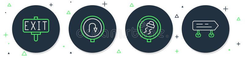 Set Line Turn Back Road Sign, Slippery Traffic, Fire Exit and Road Icon ...