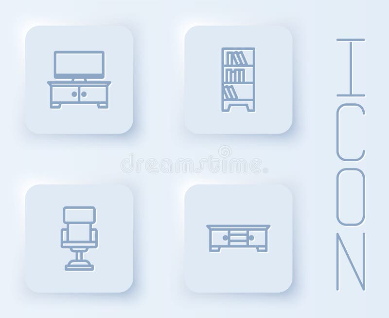 Set Line TV Table Stand, Library Bookshelf, Office Chair and . White ...