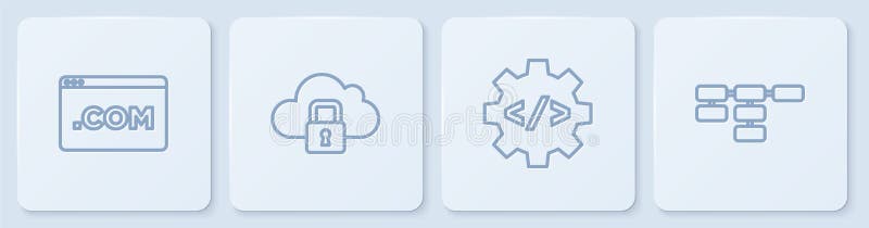 Set Line UI or UX Design, Front End Development, Cloud Computing Lock and Site Map. White Square ...