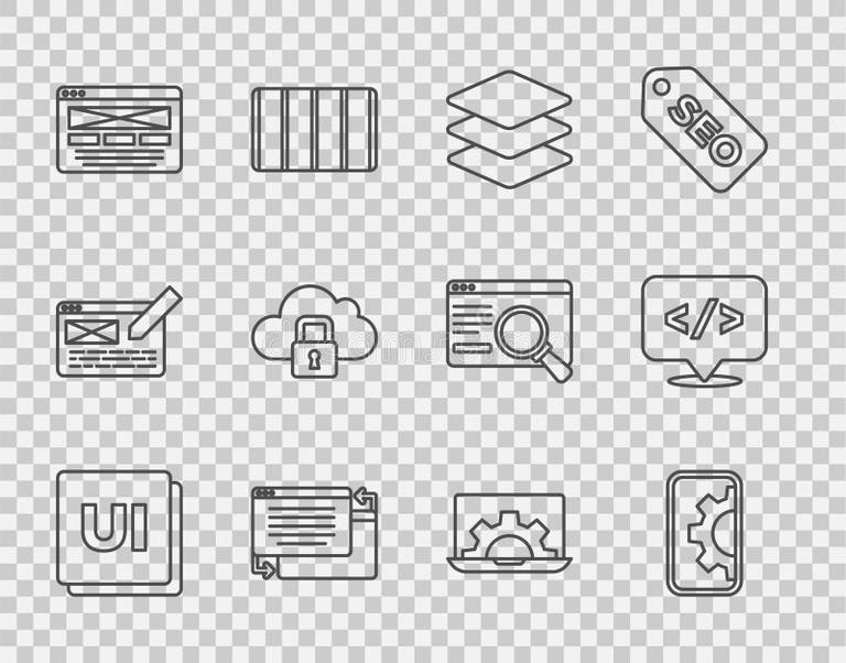 Set Line UI or UX Design, Web Development, Layers, Cloud Computing Lock, and Front End Icon ...