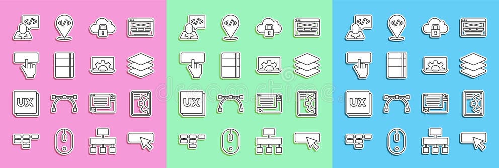 Set Line UI or UX Design, Web Development, Layers, Cloud Computing Lock, Sketchbook Album ...