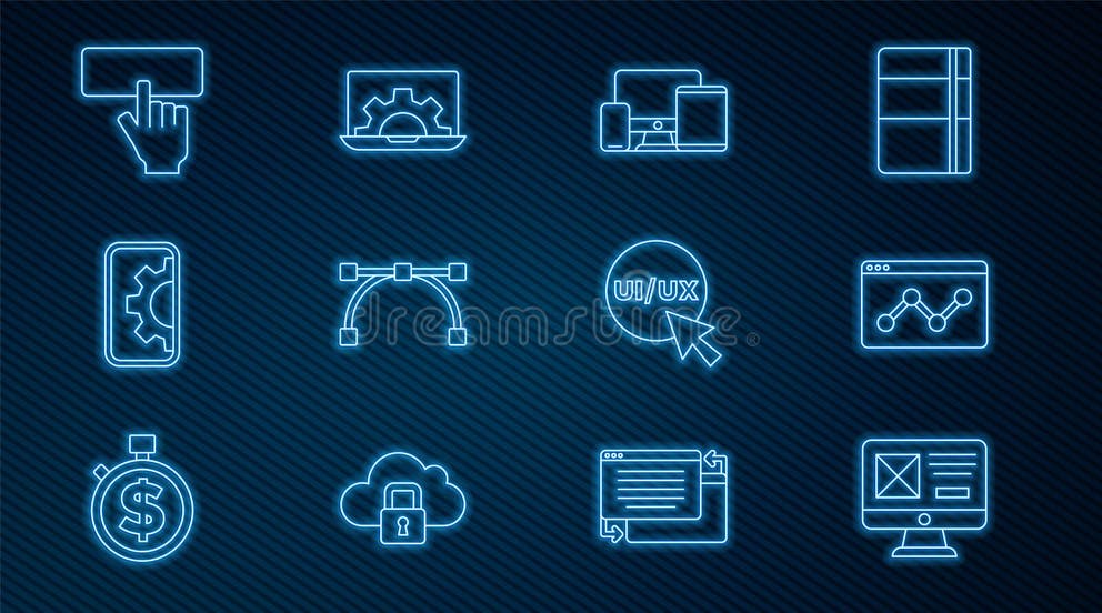 Set Line UI or UX Design, Website Statistic, Monitor, Mobile, Tablet, Bezier Curve, Development ...