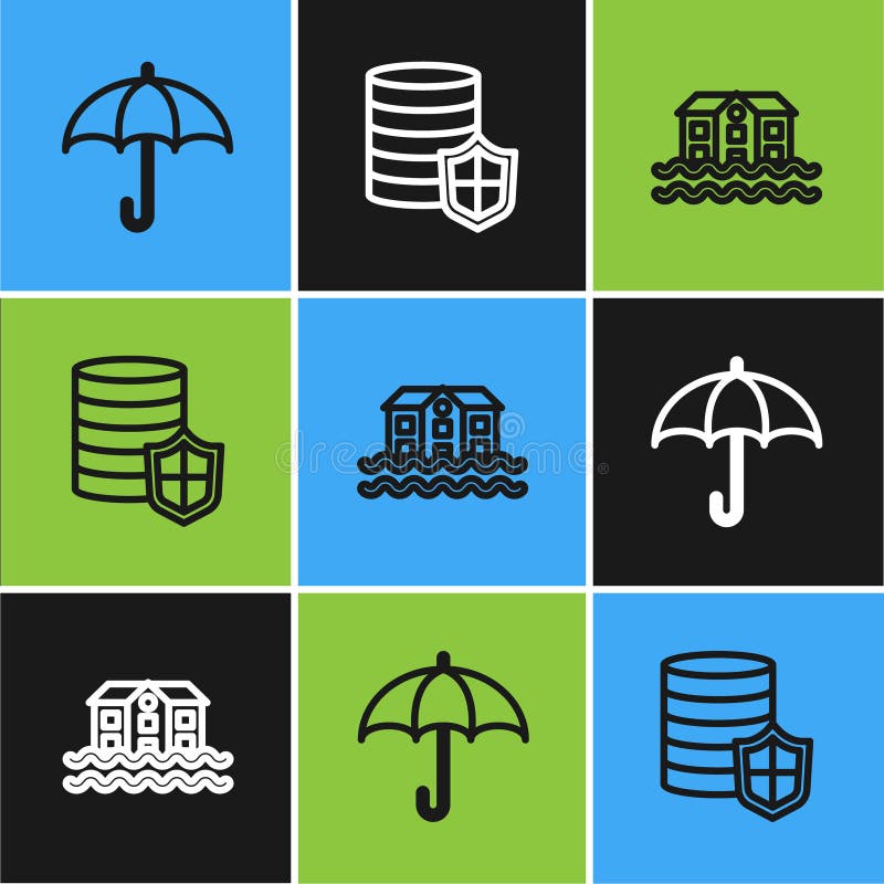 Set Line Umbrella, House Flood and Money with Shield Icon. Vector Stock ... Set Line Umbrella, House Flood and Money with Shield Icon. Vector Stock ...
