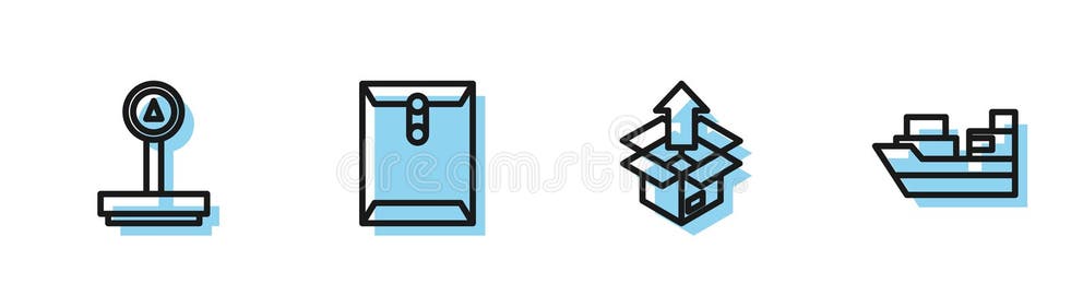 Set Line Unboxing, Scale, Envelope and Cargo Ship with Boxes Delivery ...