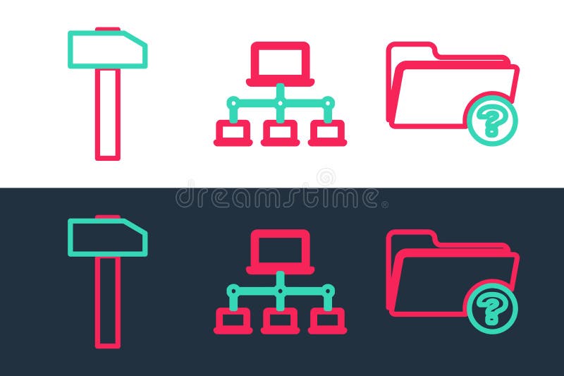 Set Line Unknown Directory, Hammer and Computer Network Icon. Vector ... Set Line Unknown Directory, Hammer and Computer Network Icon. Vector ...