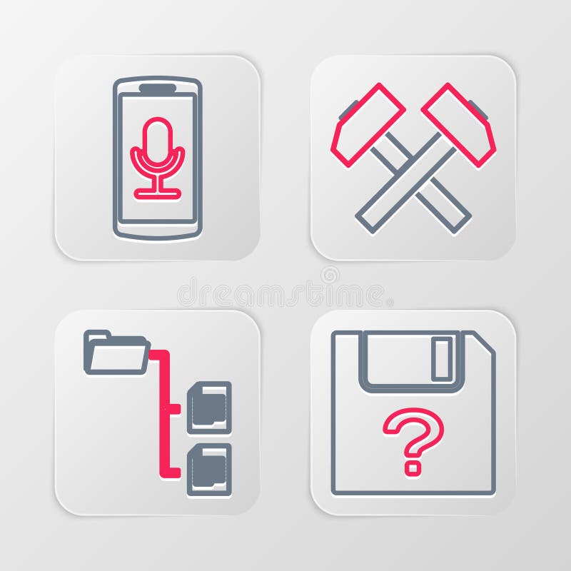 Set Line Unknown Document, Folder Tree, Two Crossed Hammers and Mobile ... Set Line Unknown Document, Folder Tree, Two Crossed Hammers and Mobile ...