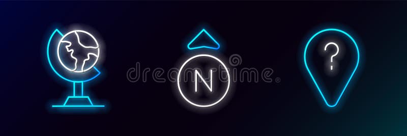 Set Line Unknown Route Point, Earth Globe and Compass Icon. Glowing ...
