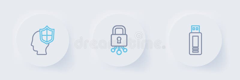 Set Line USB Flash Drive, Cyber Security and Head with Shield Icon ...