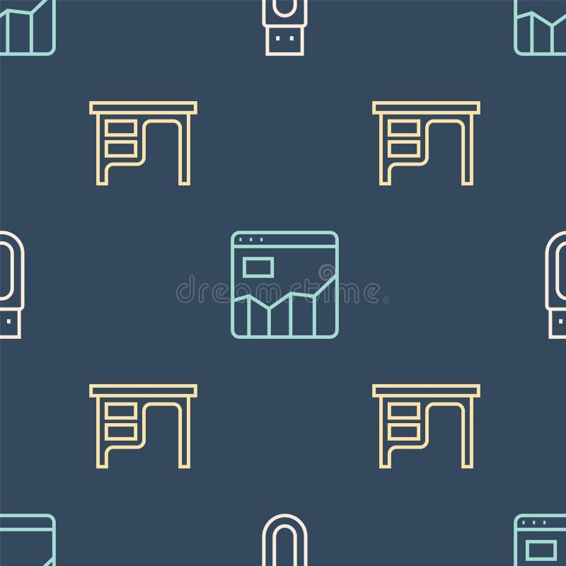 Set Line USB Flash Drive, Office Desk and Graph Chart Infographic on ...