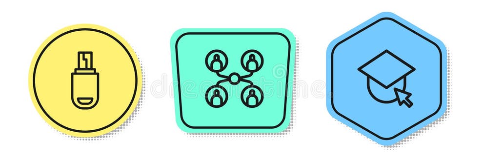 Set Line USB Flash Drive, Online Class and Graduation Cap on Globe ...