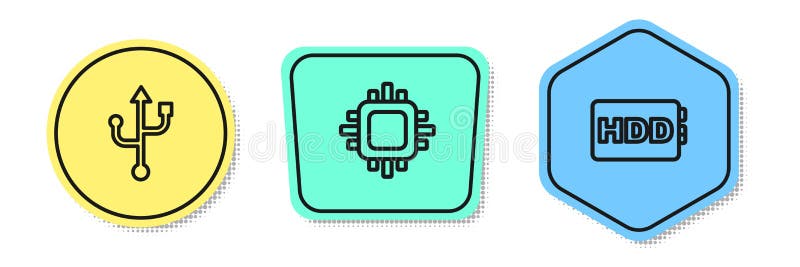 Set Line USB, Processor with CPU and Hard Disk Drive HDD. Colored ...