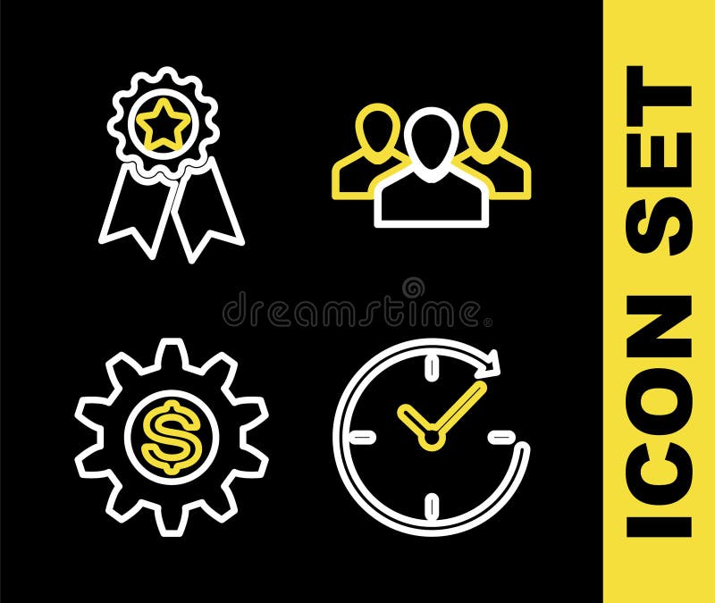 Set Line Users Group, Clock with Arrow, Gear Dollar Symbol and Medal ...
