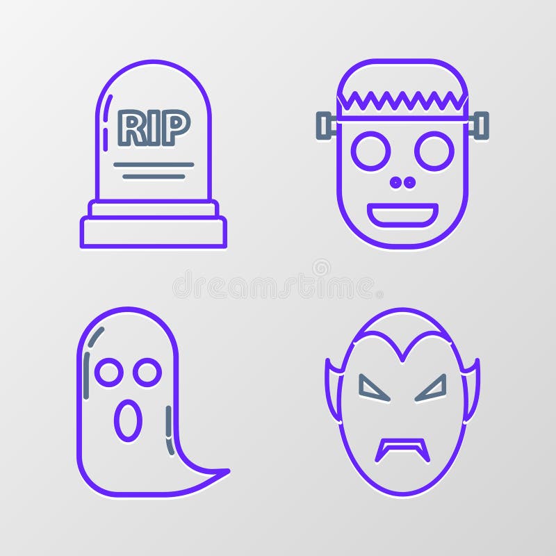 Set Line Vampire, Ghost, Zombie Mask and Tombstone with RIP Icon ...