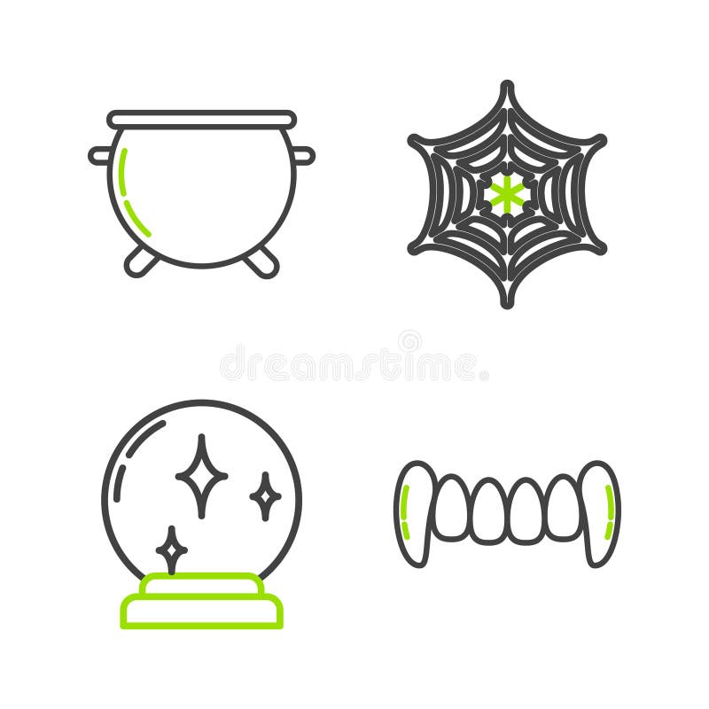 Set Line Vampire Teeth, Magic Ball, Spider Web and Halloween Witch ...