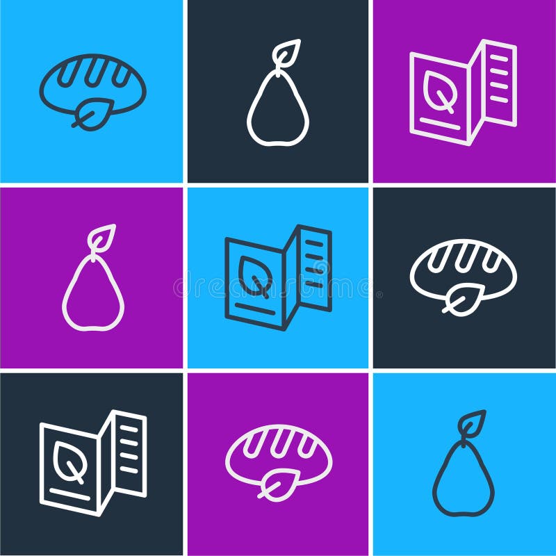 Set Line Vegan Bread Loaf, Vegetarian Food Menu and Pear Icon. Vector ...