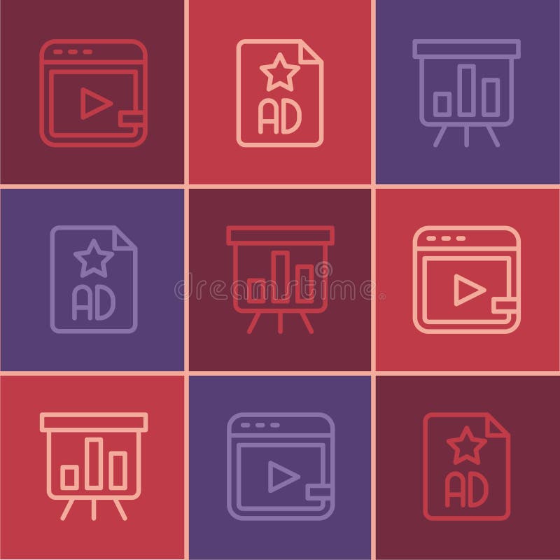 Set Line Video Advertising, Board with Graph Chart and Advertising Icon ...