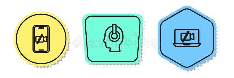 Set Line Video Camera Off on Mobile, Freelancer and Laptop. Colored ...