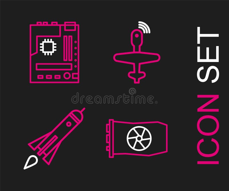 Set Line Video Graphic Card, Rocket Ship with Fire, UAV Drone and ... Set Line Video Graphic Card, Rocket Ship with Fire, UAV Drone and ...