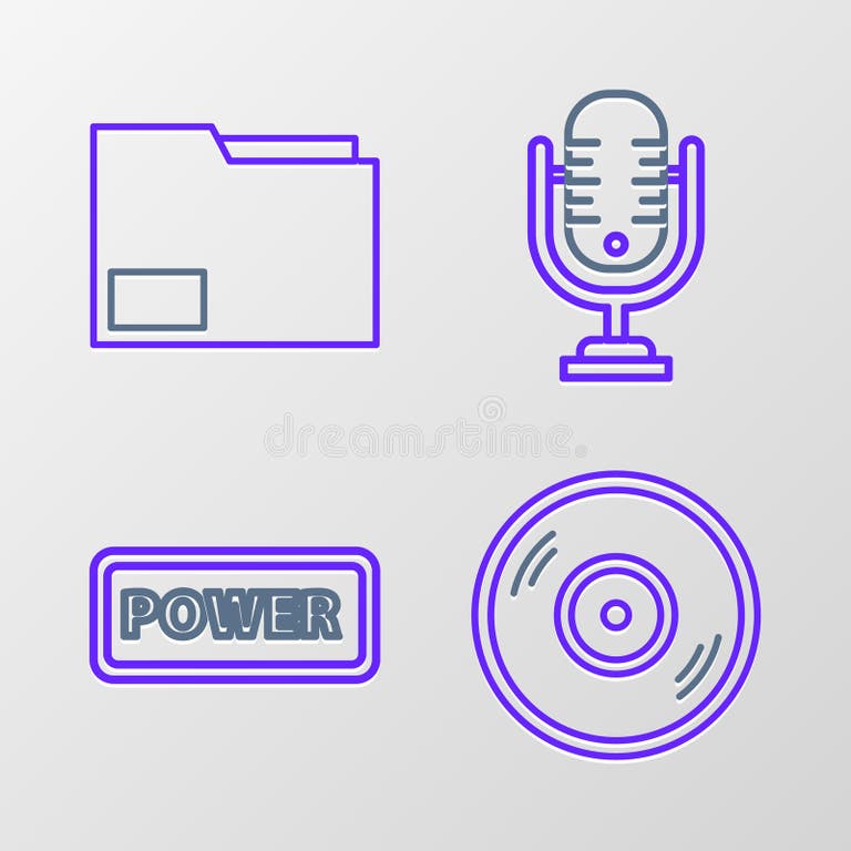 Set Line Vinyl Disk, Power Button, Microphone and Document Folder Icon ...