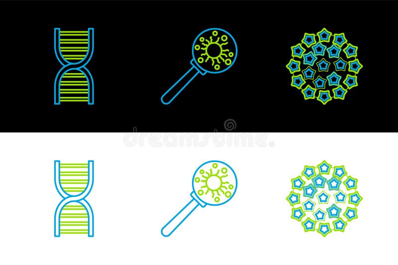 Set Line Virus, DNA Symbol and Under Magnifying Glass Icon. Vector ...
