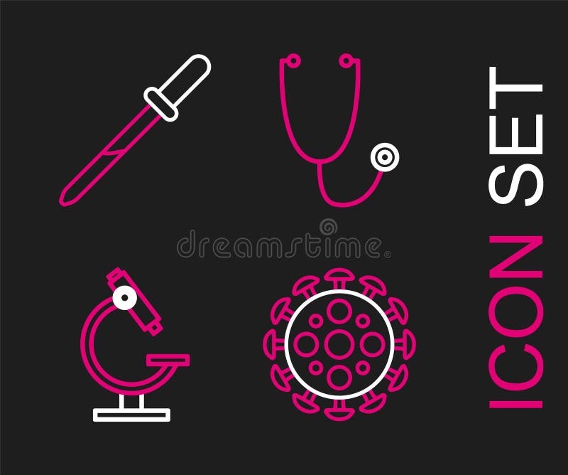Set Line Virus, Microscope, Stethoscope and Pipette Icon. Vector Stock ...