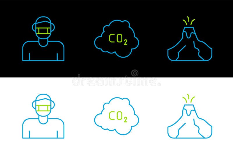 Set Line Volcano Eruption with Lava, Face in Protective Mask and CO2 ...