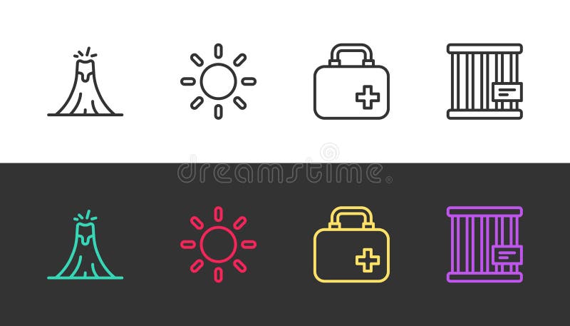 Set Line Volcano Eruption, Sun, First Aid Kit and Animal Cage on Black ...