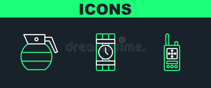 Set Line Walkie Talkie, Hand Grenade and Dynamite Timer Clock Icon ...