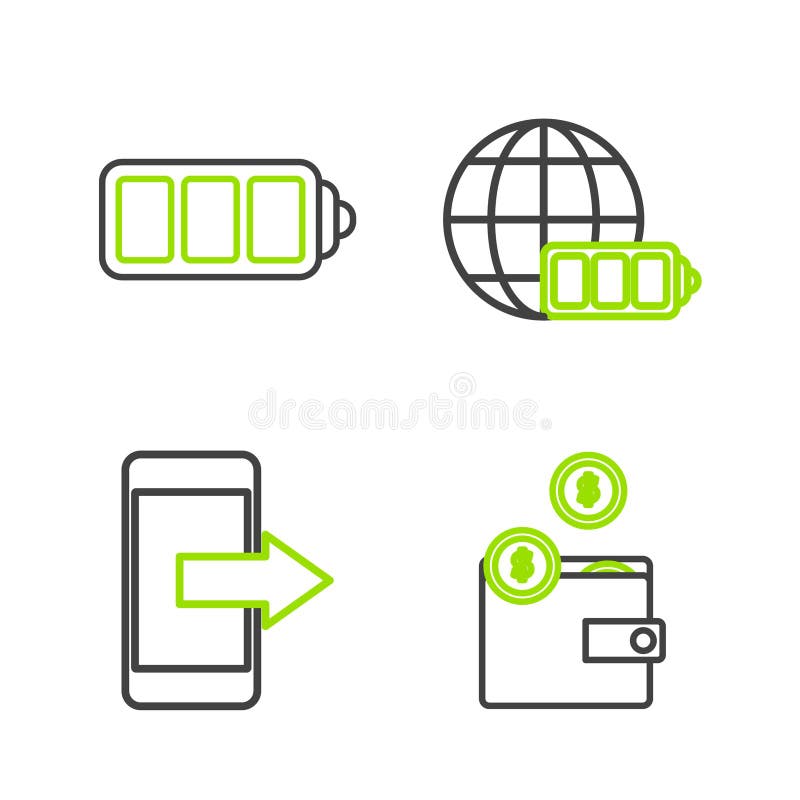 Set Line Wallet with Coins, Smartphone, Mobile Phone, Battery Charge ...