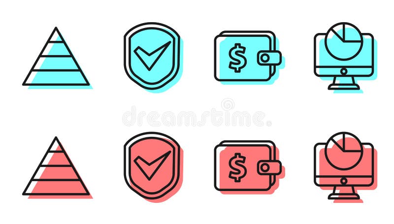 Set Line Wallet with Dollar, Pyramid Chart Infographics, Shield with ... Set Line Wallet with Dollar, Pyramid Chart Infographics, Shield with ...