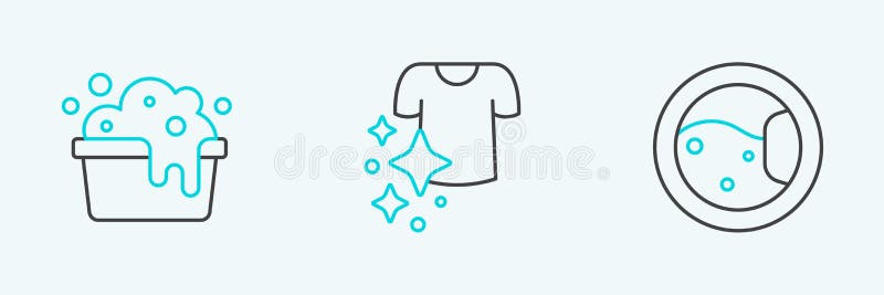 Set Line Washer, Basin with Soap Suds and Drying Clothes Icon. Vector ...