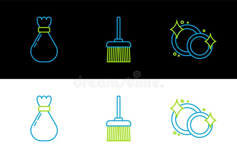Set Line Washing Dishes, Garbage Bag and Handle Broom Icon. Vector ...