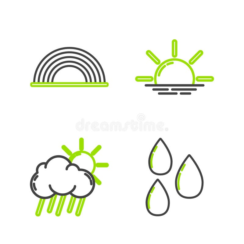 Set Line Water Drop, Cloud with Rain and Sun, Sunrise and Rainbow ...