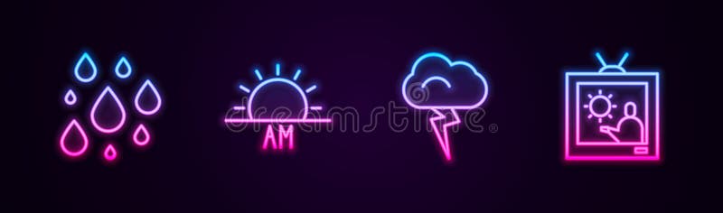Set Line Water Drop, Sunrise, Storm and Weather Forecast. Glowing Neon ...
