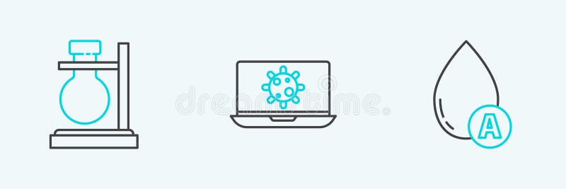 Set Line Water Drop, Test Tube Flask on Stand and Bacteria Laptop Icon ...