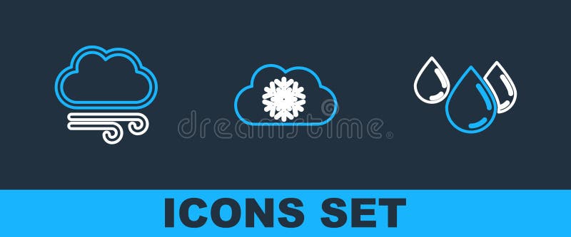 Set Line Water Drop, Windy Weather and Cloud with Snow Icon. Vector ...
