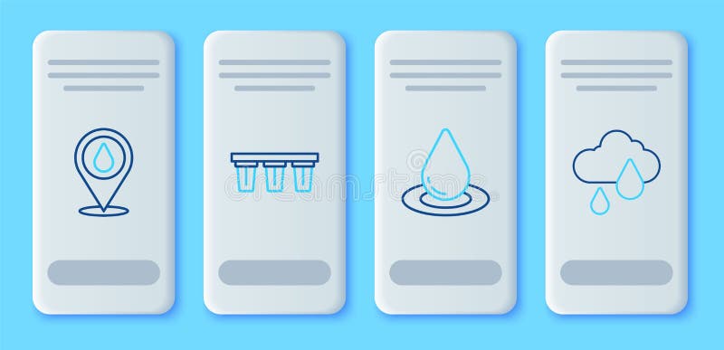Set Line Water Filter, Drop, with Location and Cloud Rain Icon. Vector ...