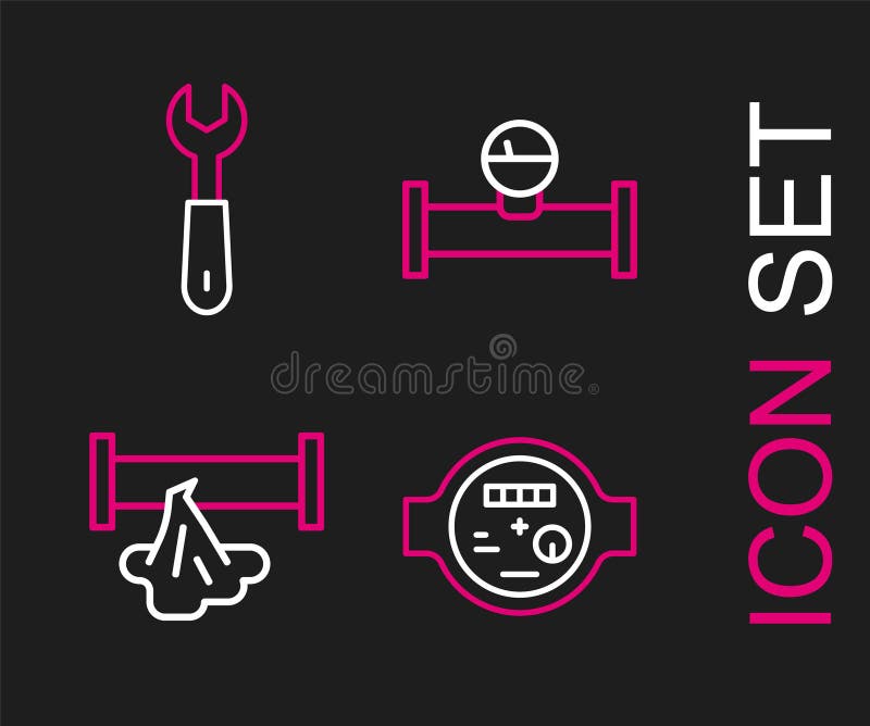 Set Line Water Meter, Broken Pipe, Industry and Manometer and Wrench ...
