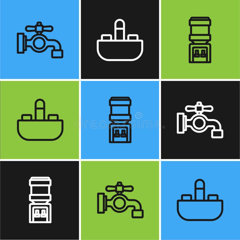 Set Line Water Tap, Cooler and Washbasin with Water Icon. Vector Stock ...