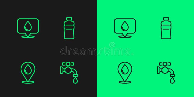 Set Line Water Tap, Drop with Location, and Bottle of Water Icon ...