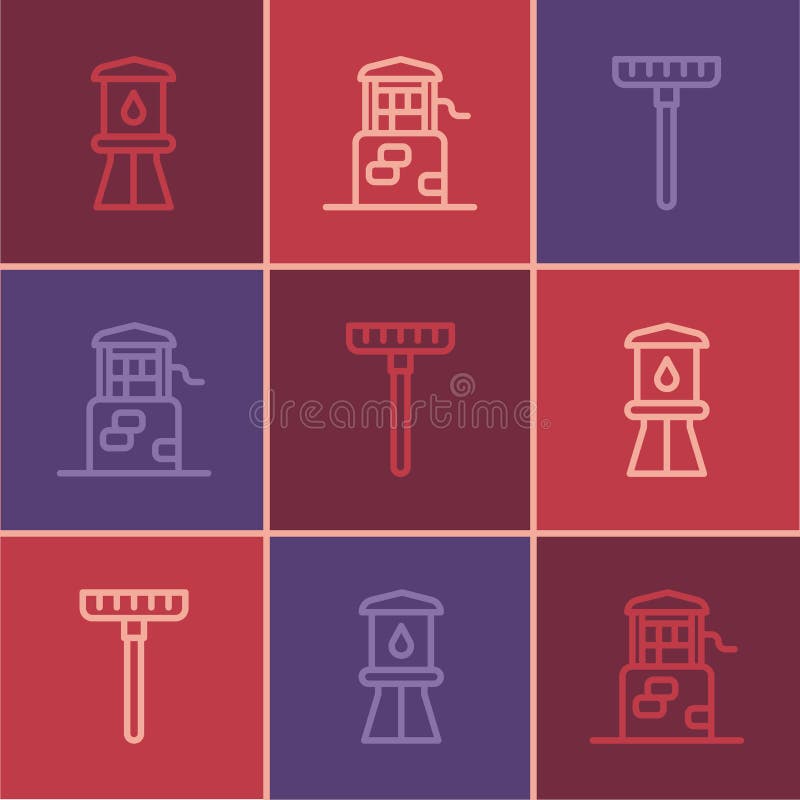 Set Line Water Tower, Garden Rake and Well Icon. Vector Stock Vector ...