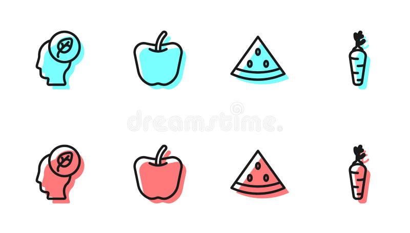 Set Line Watermelon, Human Head with Leaf Inside, Apple and Carrot Icon ...