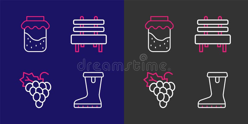 Set Line Waterproof Rubber Boot, Grape Fruit, Bench and Jam Jar Icon ...