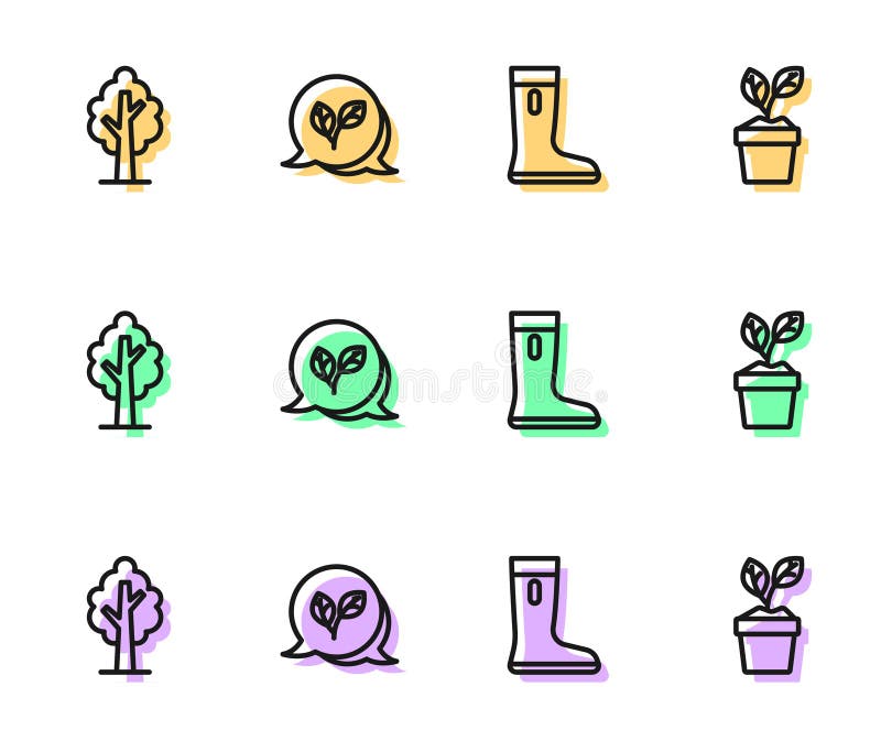 Set Line Waterproof Rubber Boot, Tree, Leaf and Plant in Pot Icon ...
