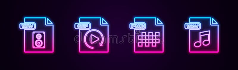 Set Line WAV File Document, GIF, PNG and . Glowing Neon Icon Stock ...