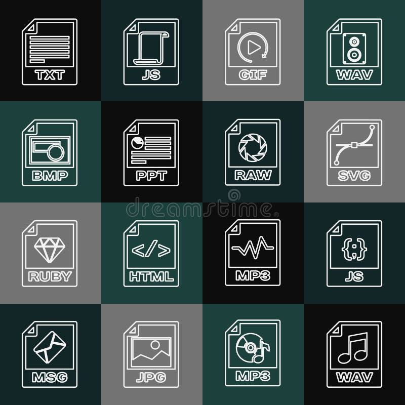 Set Line WAV File Document, JS, SVG, GIF, PPT, BMP, TXT and RAW Icon ... Set Line WAV File Document, JS, SVG, GIF, PPT, BMP, TXT and RAW Icon ...